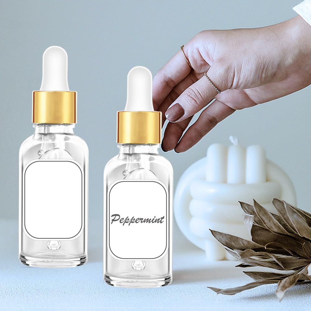 Bumobum 2 oz Dropper Bottle, 24 pack Clear Glass Eye Dropper Bottles with Golden Top Cap for Essential Oils, Tincture Bottle with Labels and Funnel