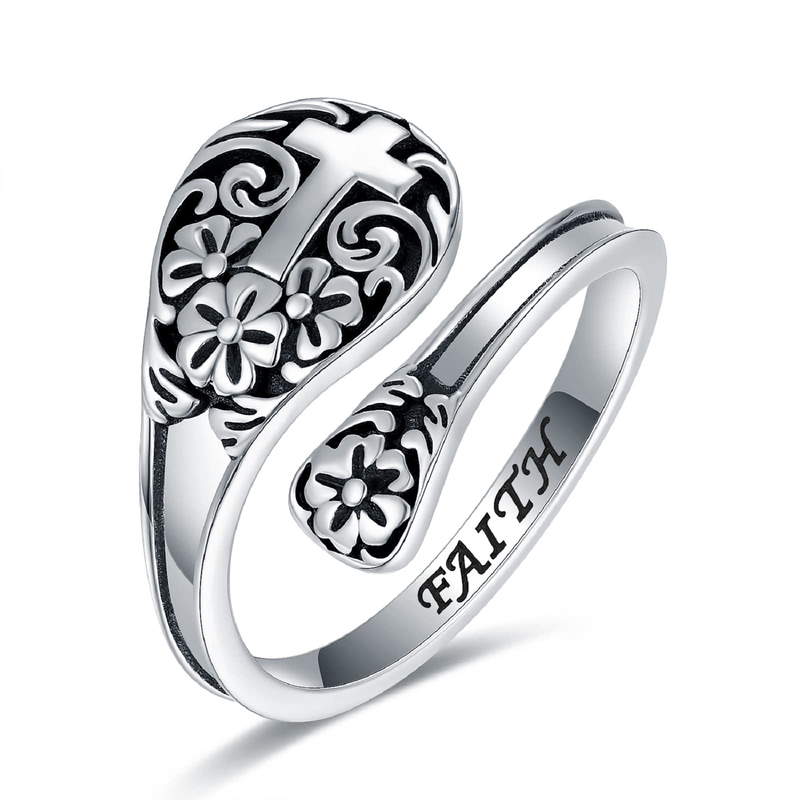 AMBCESSER Sterling Silver Cross Spoon Ring - Oxidized Vintage Flower Faith Rings Adjustable Size Inspirational Jewelry