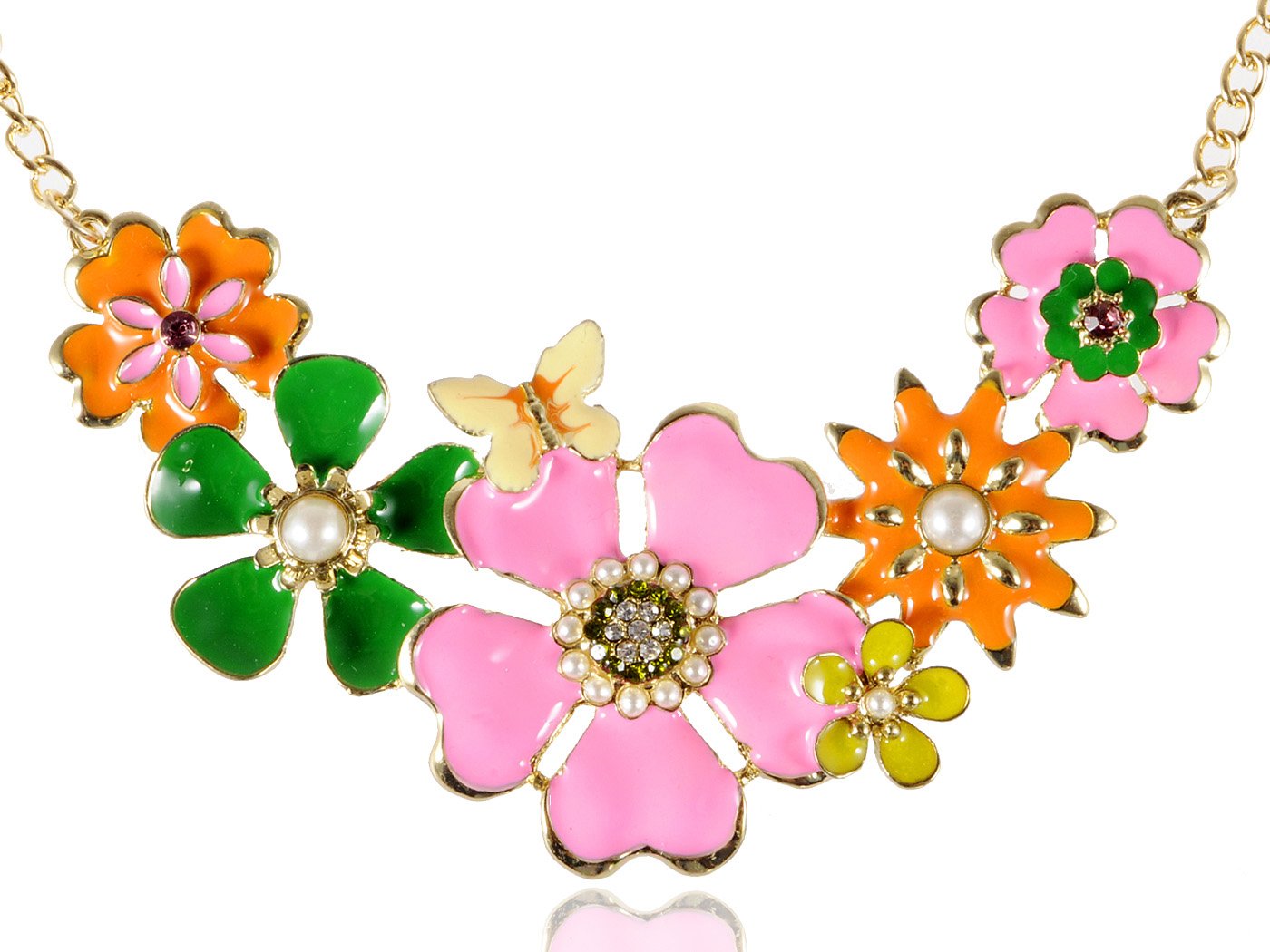 Alilang Womens Golden Tone Faux Pearl Floral Pink Multicolor Enamel Flower Bib Statement Necklace