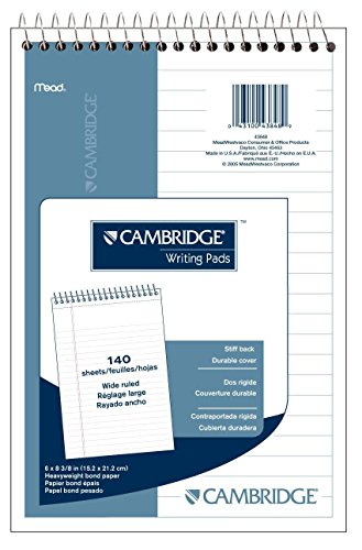 Mead Cambridge Wide Ruled Stiff Back Durable Cover Writing Pads, 6 x 8 3/8 in, 140 Sheets (6 Pack)