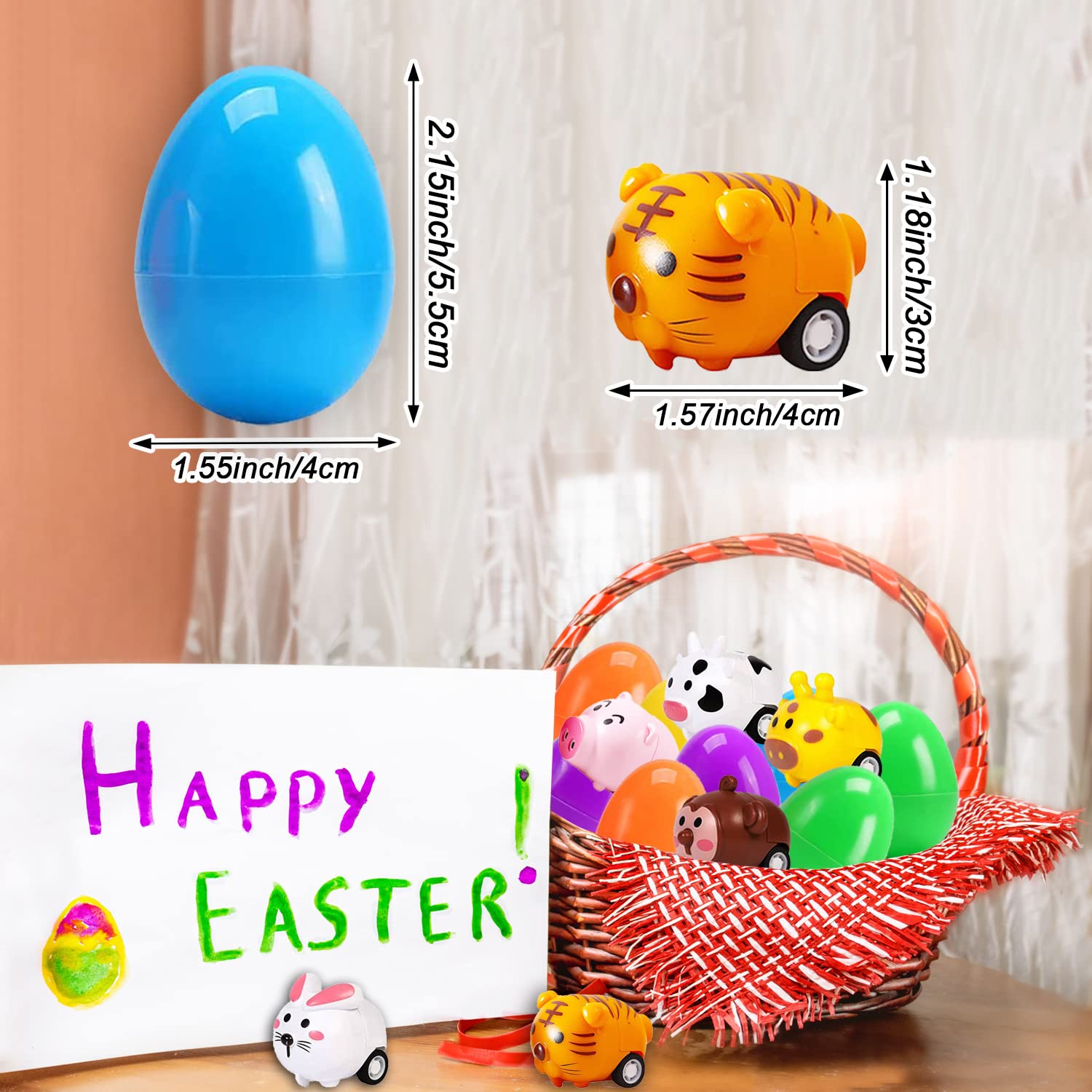 JIALWEN 12 Pack Easter Eggs Filled with Animal Pull Back Toy Cars, Easter Basket Stuffers Surprise Easter Gifts Hunt Theme Party Favors Classroom Prize Supplies