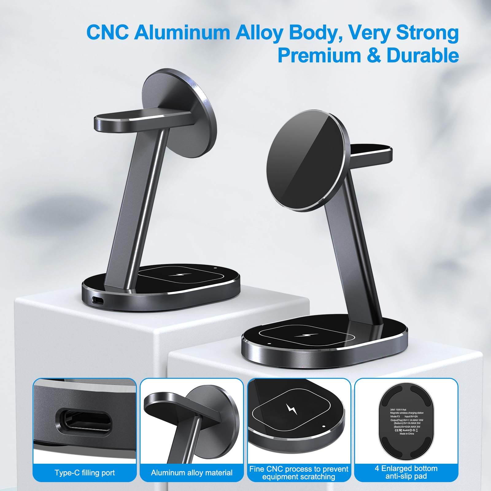 Aluminum Alloy 3 in 1 Magnetic Wireless Charging Station,Fast Wireless Charging Compatible with Magsafe Charger Stand for iPhone 15 14 13 12 Pro/Pro Max/Mini/Plus,Apple Watch 9 8 7 SE 6 5 4 3,Airpods