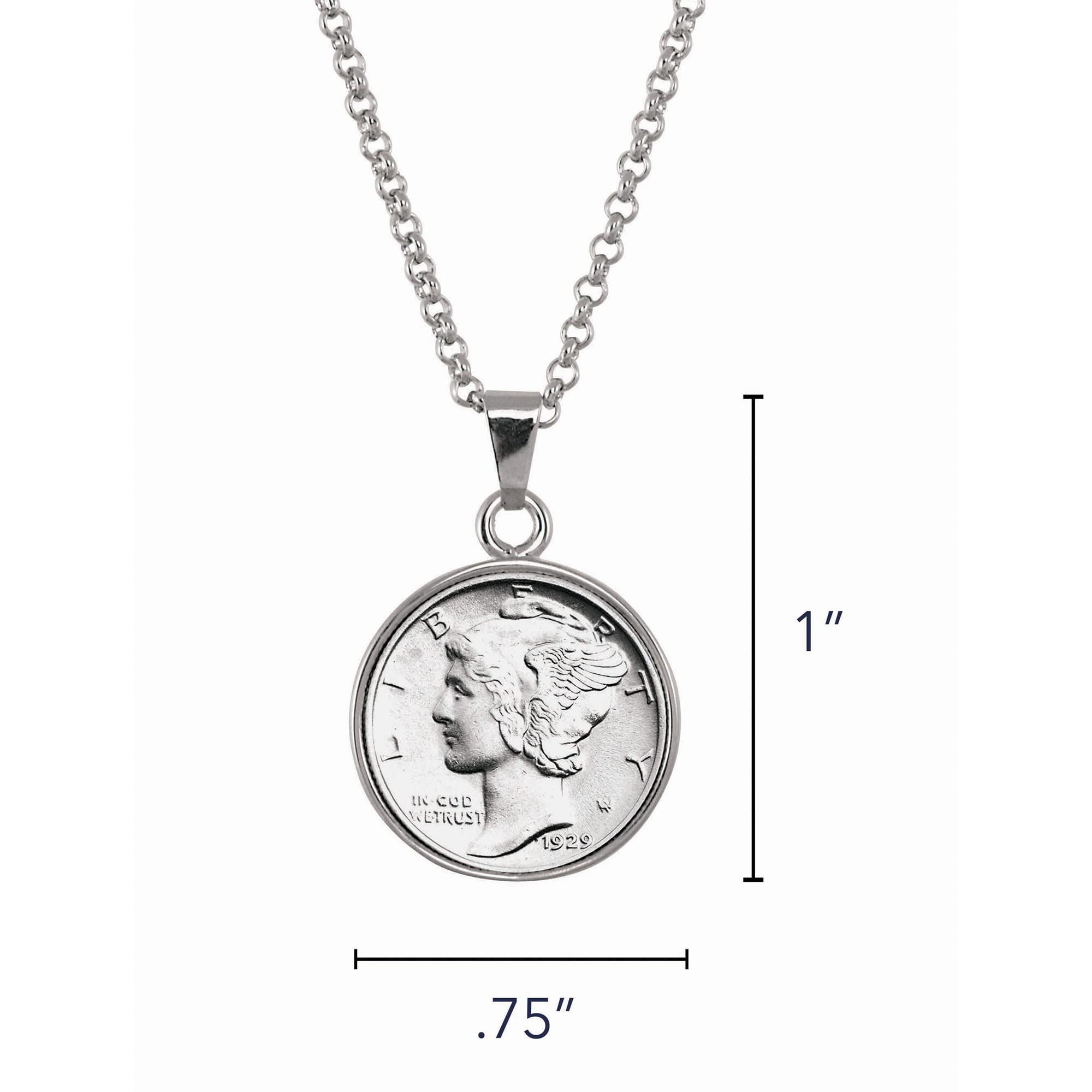 American Coin Treasures Silver Mercury Dime Silvertone Coin Pendant with 18" Cable Chain Necklace, Genuine and Elegant Keepsake Jewelry for Women, White Luxury Gift Box Included