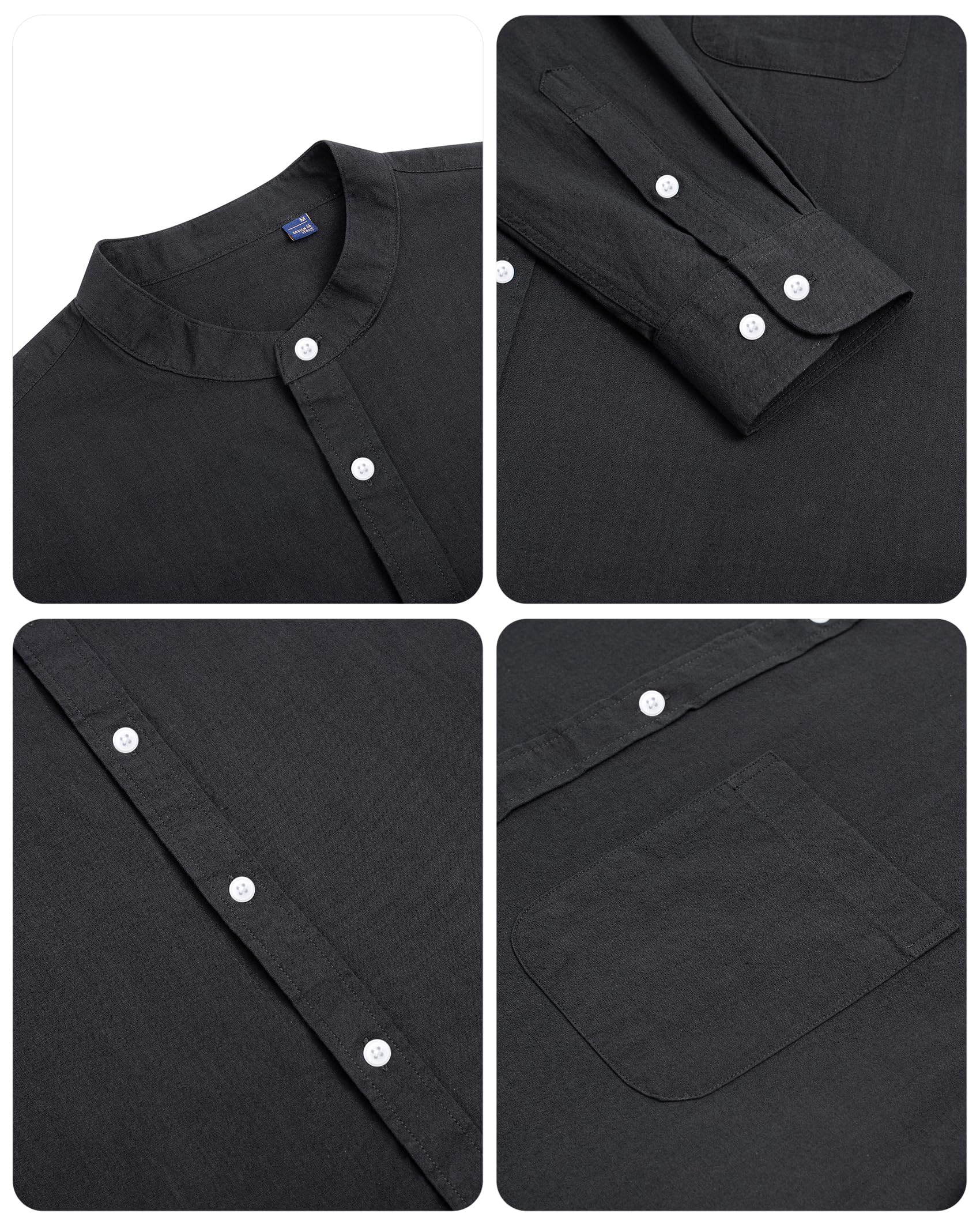 Alimens & Gentle Men's Cotton Linen Shirts Long Sleeve Button Down Shirt Band Collar Beach Shirts Black
