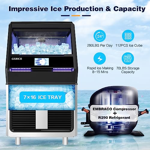 GSEICE Commercial Ice Maker Machine,280lbs/24H with 70lbs Ice Storage Capacity, 20β Air Cooled Undercounter Full Cube Ice Maker, 304 Stainless Steel Smart Control Ice Machine for Home Business Party