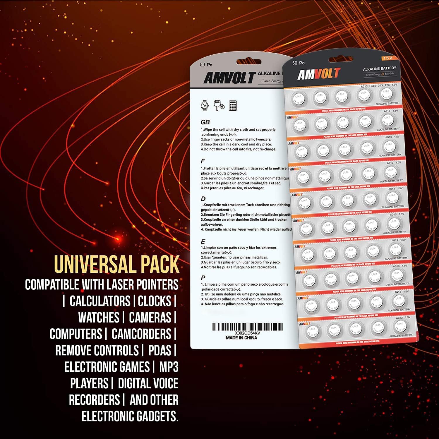 AmVolt 50 Pack LR44 AG13 SR44 357 303 LR44G Battery - [Ultra Power] Premium Alkaline 1.5 Volt Non Rechargeable Round Button Cell Batteries for Watches Clocks & Electronic Devices - 2029 Exp Date