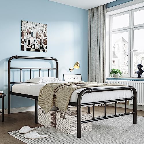 ZIYOO Twin Bed Frame with Headboard and Footboard, 14 Inch High, Heavy Duty Steel Slats with 2500lbs Support for Mattress, No Box Spring Needed, Noise-Free, Easy Assembly-Black