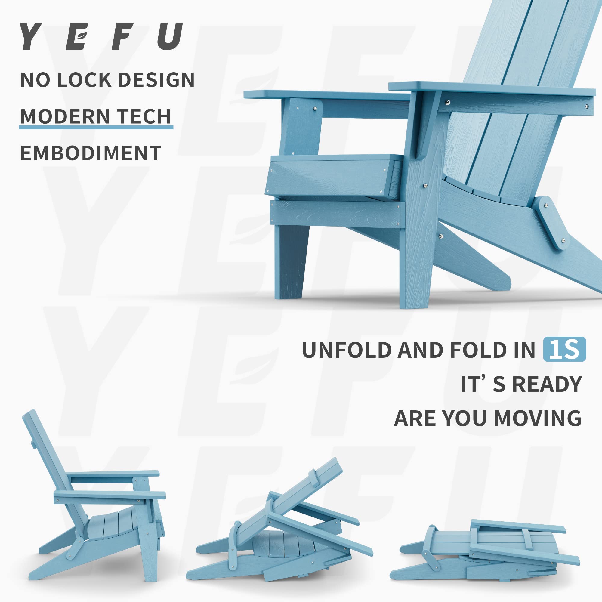 YEFU Folding Modern Adirondack Chair Plastic, 1s Expand/Store Upgrade Unlocked Weather-Resistant, Poly Lumber Outdoor Chairs Stacked, Widely Used in Outside Patio, Lawn, Deck, Garden Chairs (White)