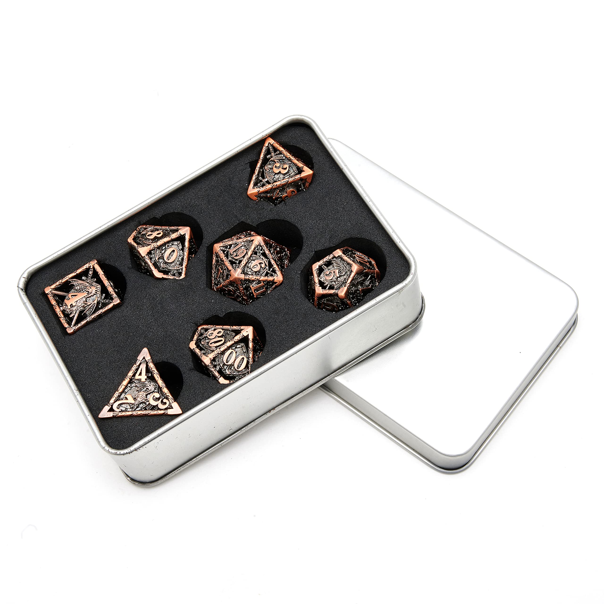 Hollow Metal DND Game Dice Set Shield and Dragon Sword，with Metal Gift case for Dungeons and Dragons RPG MTG Table Games D&D Pathfinder Shadowrun and Math Teaching (Ancient Copper)