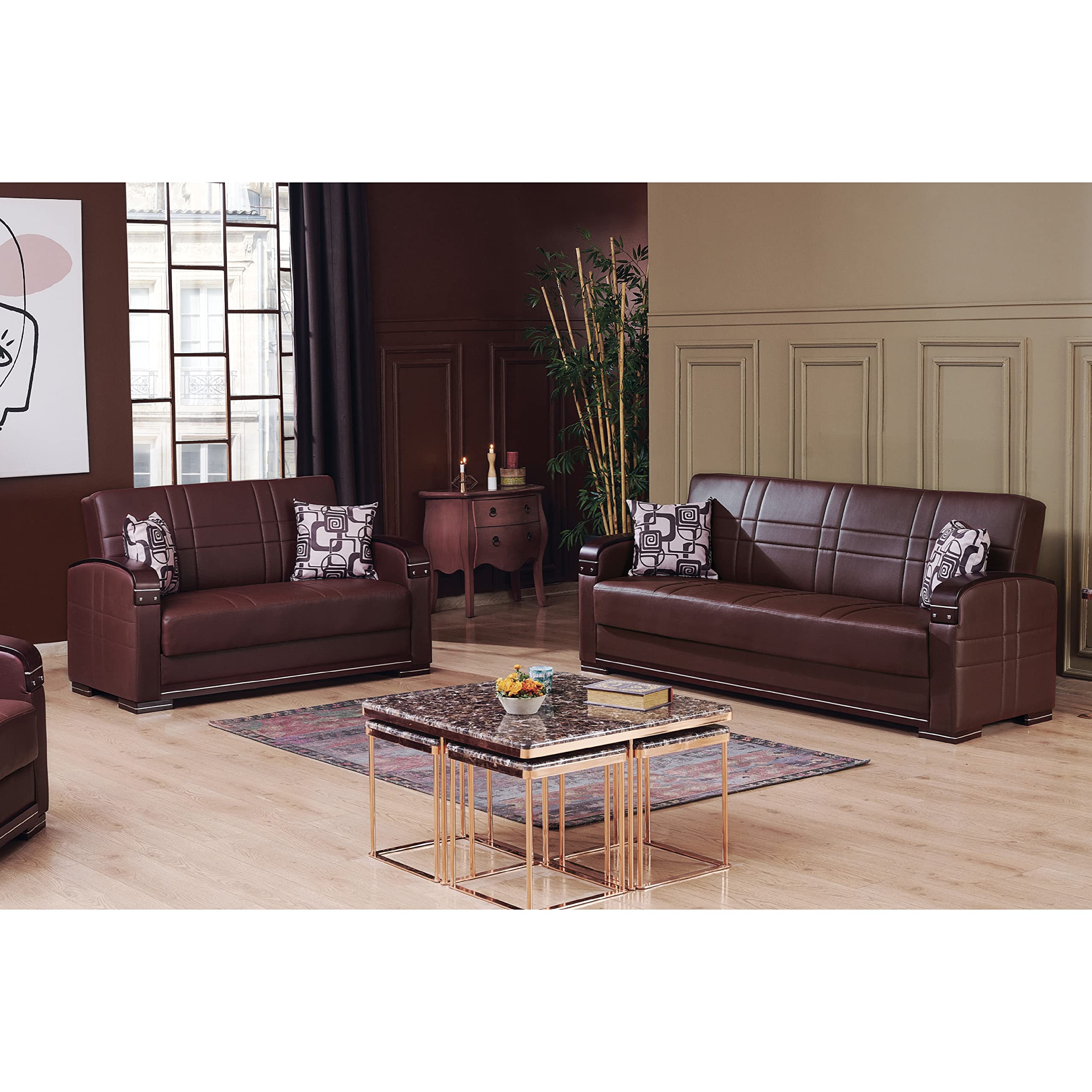 Beyan Signature Empire Furniture USA Manhattan Collection Convertible Loveseat with Storage Space, Includes 2 Pillows, Burgundy