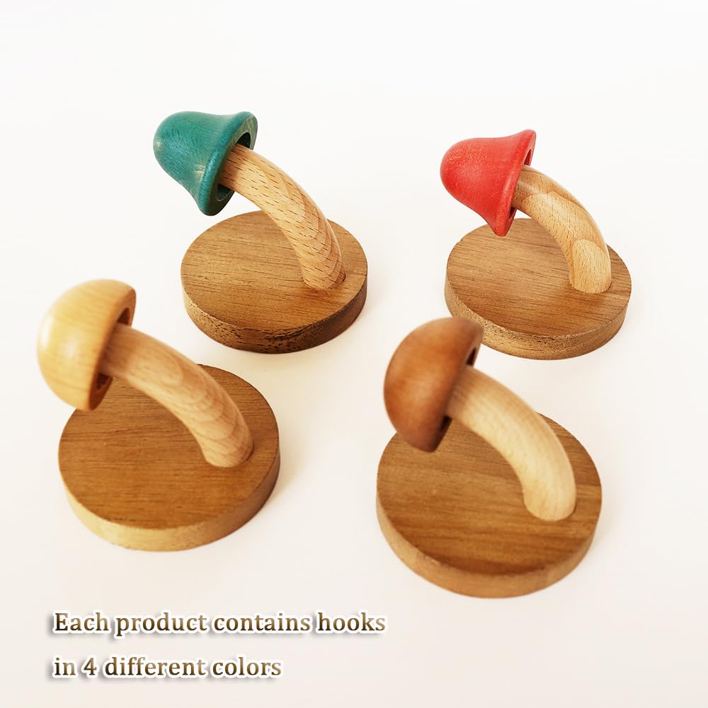 Auntzyj Fun Wooden Mushroom Coat Hook, Non-Perforated Solid Wood Hook,Mushroom Wall Hook Hanger, Kitchen Bathroom Cloakroom Door Towel Hooks (Pack of 4)