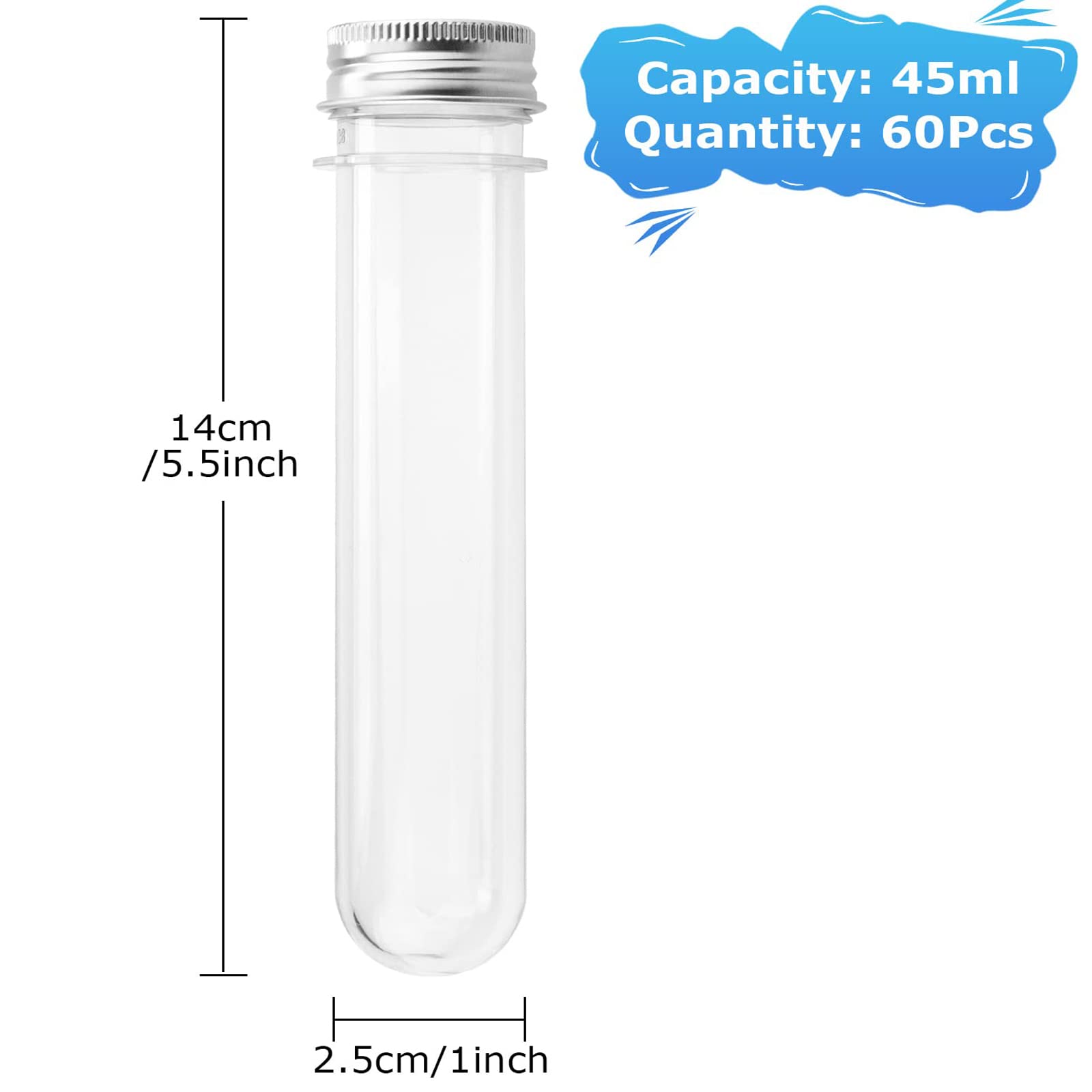 ACXFOND 60Pcs Clear Plastic Test Tubes with Caps 45ml Clear Candy Tubes Plastic Tubes for Bath Salts, Candy, Beads Storage, Science Lab, Party