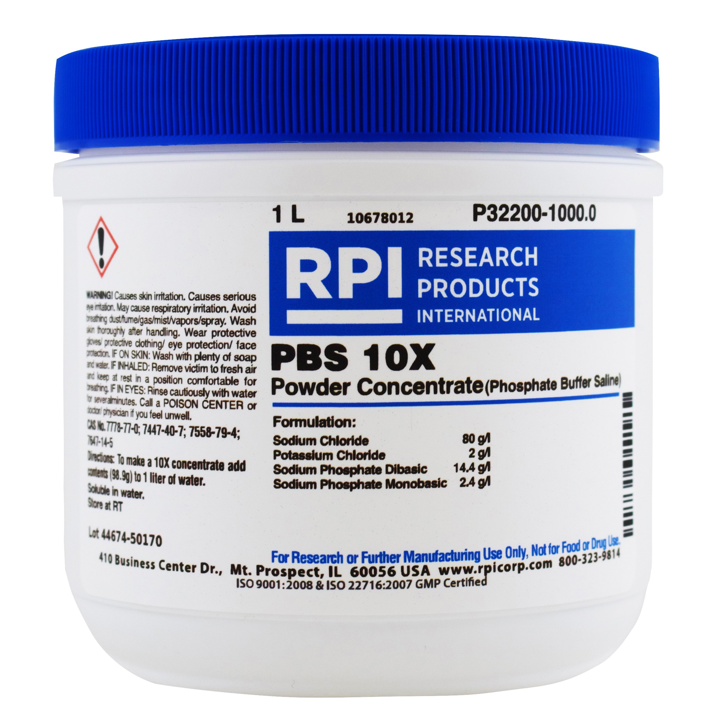 RPI PBS [Phosphate Buffered Saline], 10X Powder Concentrate, White Granular Powder, 1 Liter