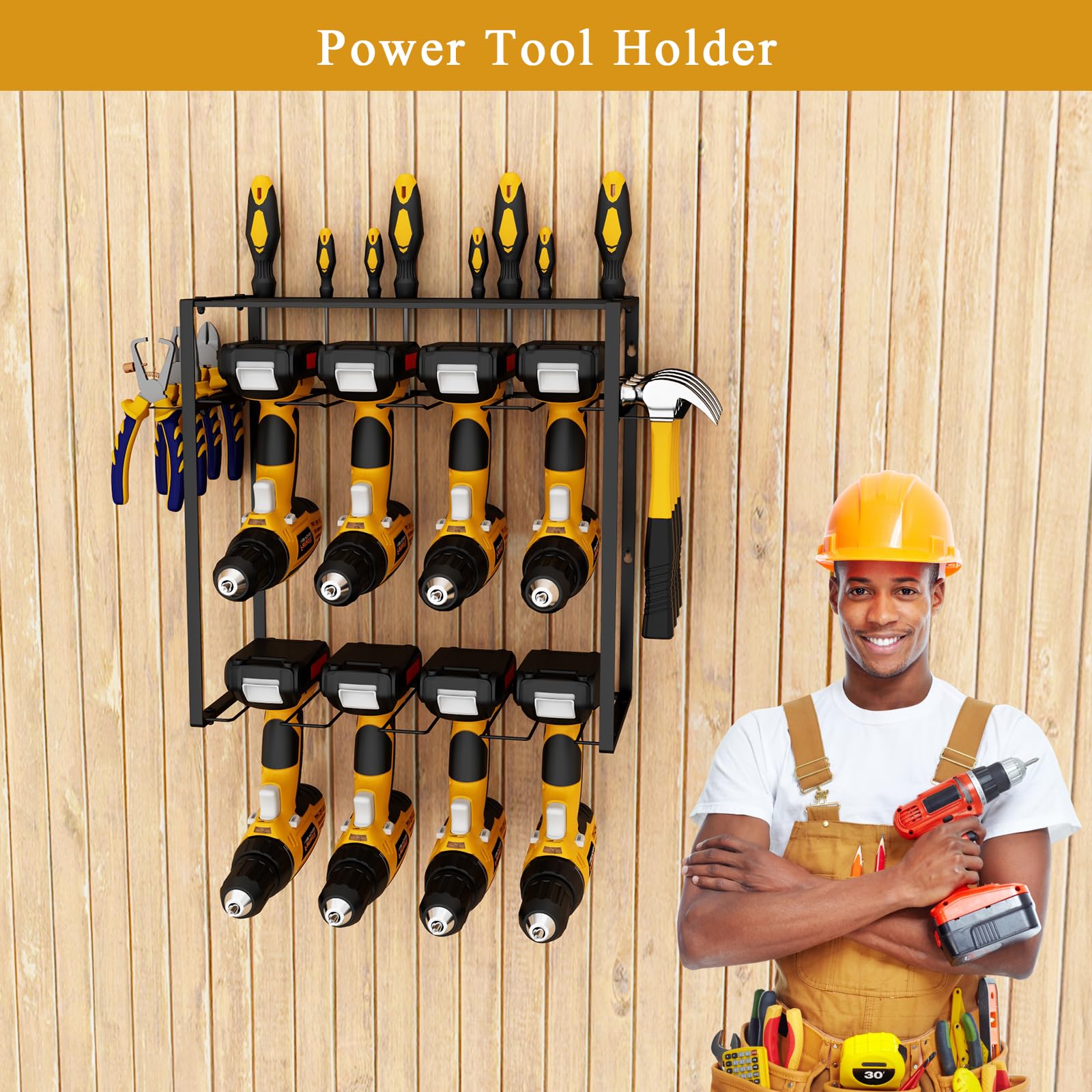 Aunulahca Power Tool Organizer, 8 Drill Holder Storage Rack, 3 Layer Heavy Duty Garage Utility Tool Shelf, Black Metal Tool Rack with Hooks, Screwdriver Hammer Holder for Garage Organization