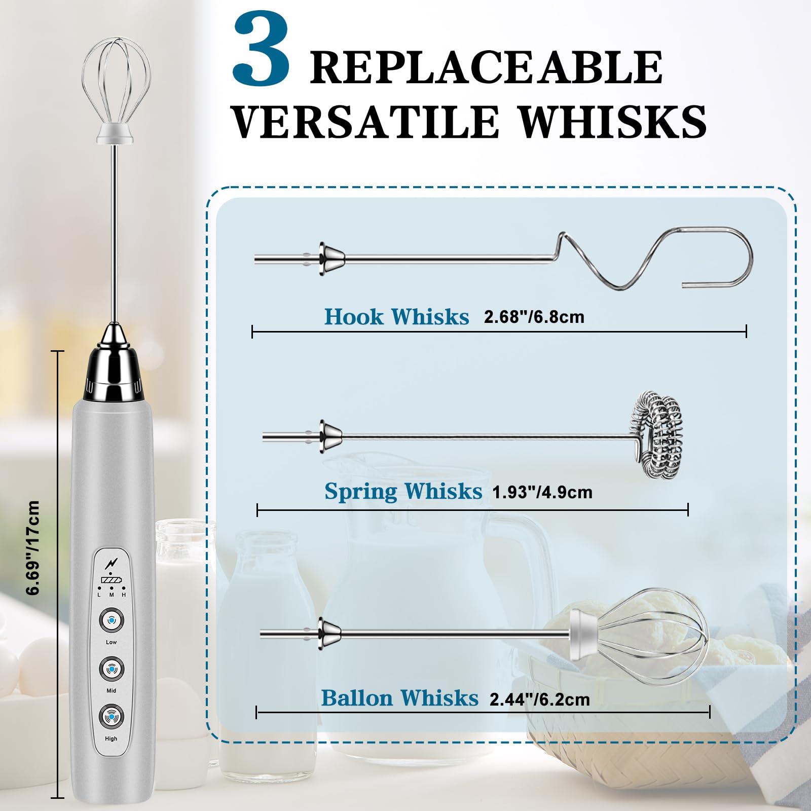 BSRGMS Milk Frother Handheld for Coffee, Electric Whisk 3 Speed Adjustable, Drink Mixer with Stainless 3 Whisks, Rechargeable Hand Frother Wand, Foam Maker for Latte Cappuccino Matcha Egg Silver