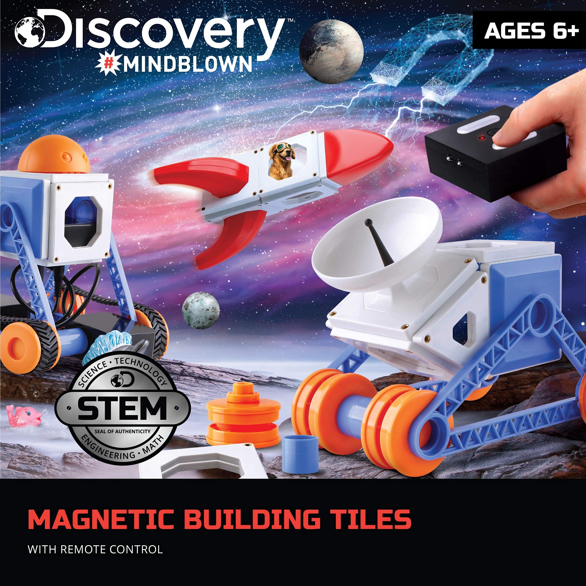 Discovery #MINDBLOWN Customizable Magnetic Building Tiles with Remote Control, 34-Piece Play Set, Build 3 Intergalactic Models, Includes 2 Powered Motors, STEM Toy for Boys and Girls
