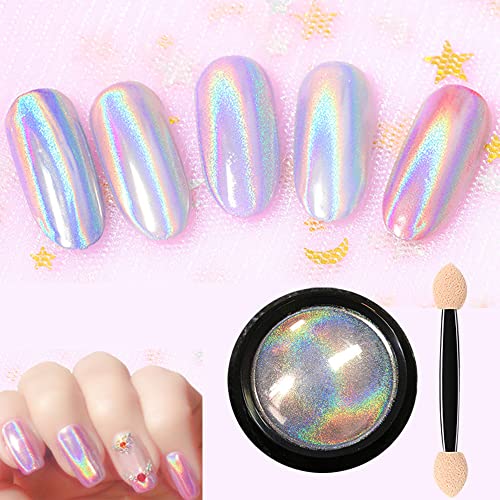 Holographic Laser Nail Powder Chrome Nail Powder Rainbow Color Manicure Pigment Glitter Dust with Multicolor Mirror Effect Shinny Holo Nail Powder with Nail Sponge Brush