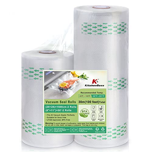 KitchenBoss Vacuum Sealer Bags Rolls: 8"x50' and 11"x50' Total 2 Rolls Vacuum Seal Rolls for Food, Sous Vide Bag Roll for Food Storage and Meal Prep