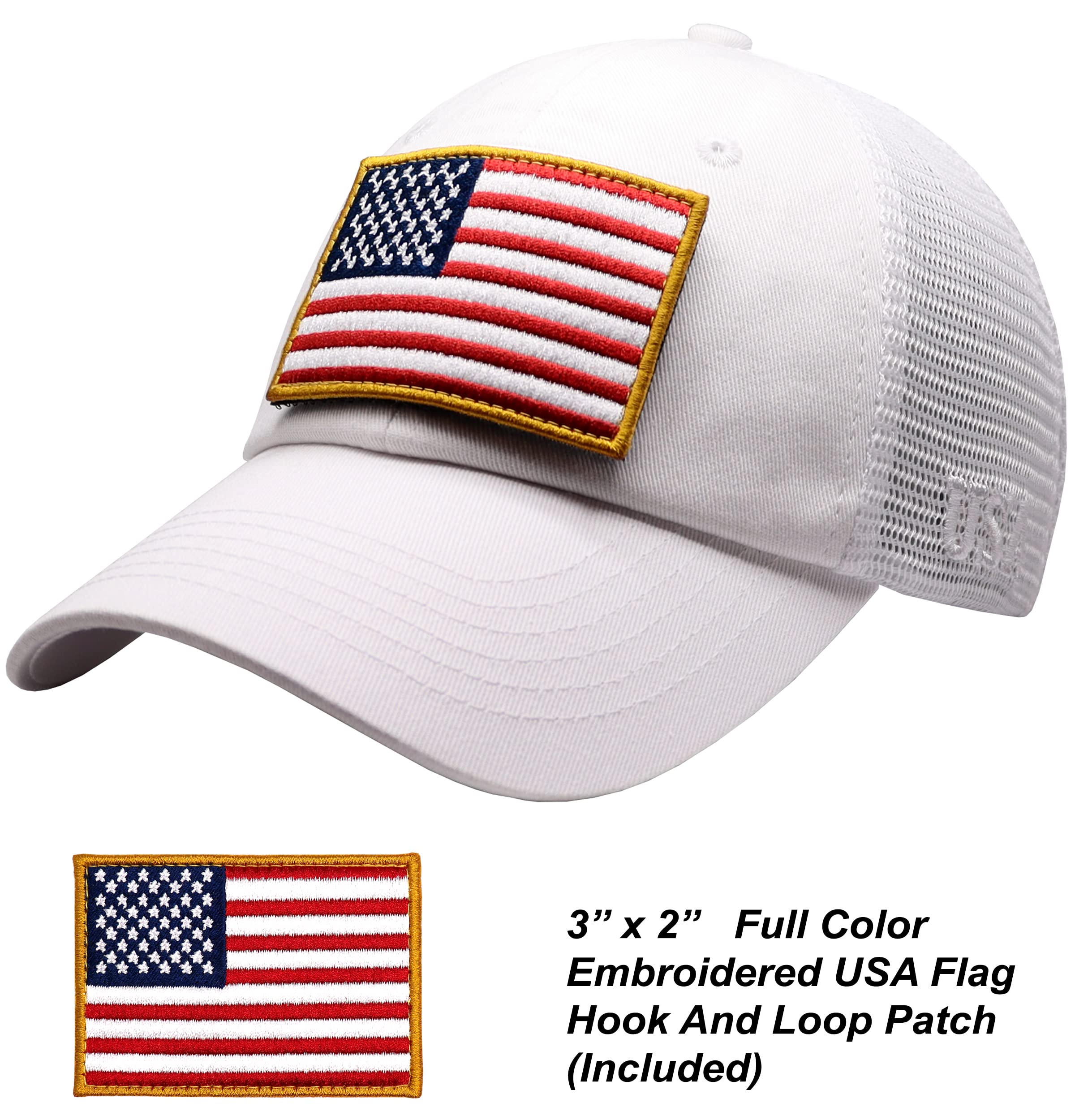 Antourage American Flag Unconstructed Hat for Men and Women Twill Mesh Snapback Baseball USA Flag Cap + 2 Patriotic Patches ((16) White Classic Mesh Snapback)