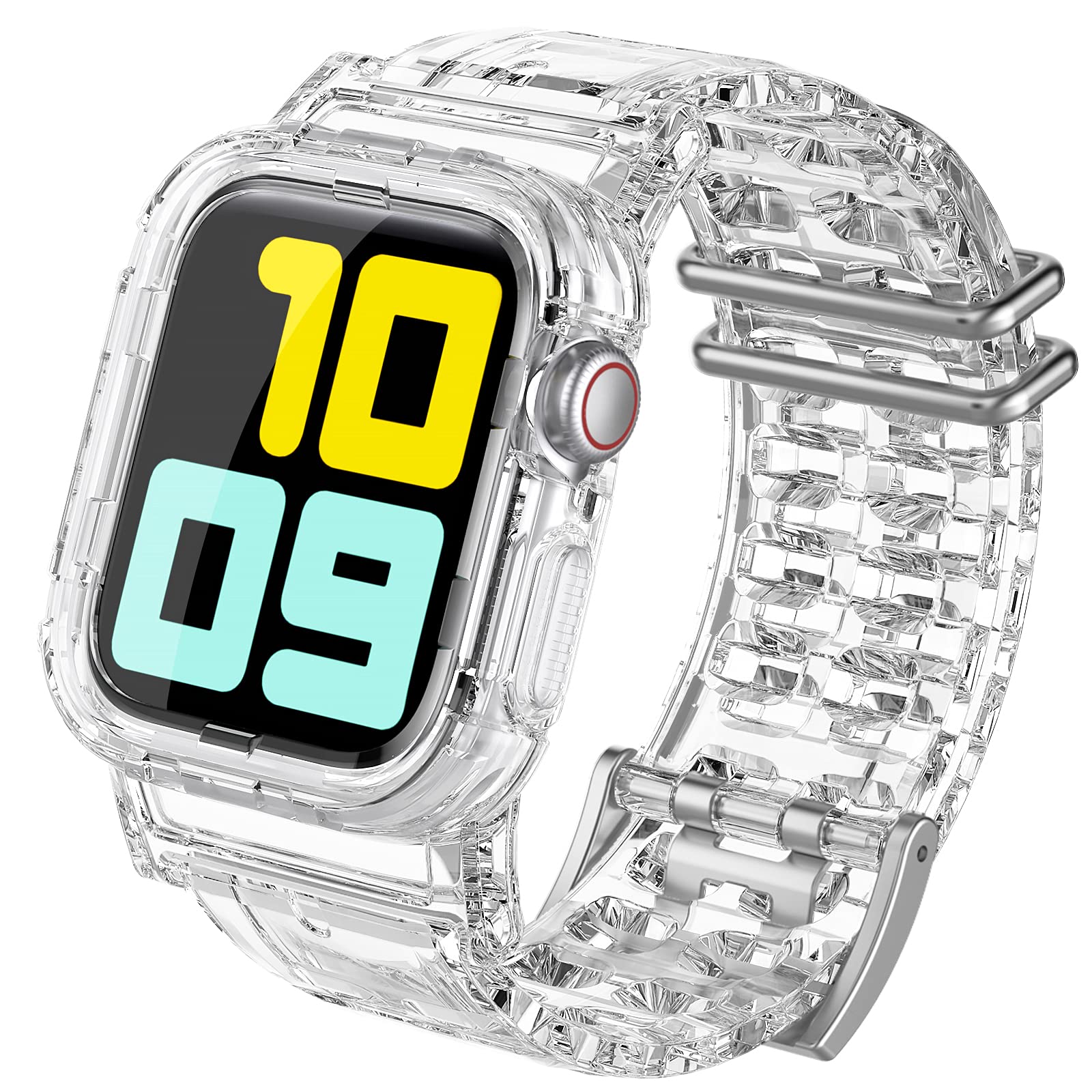 AHASTYLE Compatible with Apple Watch Clear Band Crystal Band with Rugged Bumper Case for Apple Watch Series 6 5 4 3 2 1 SE Transparent (42mm/44mm, Crystal Clear)