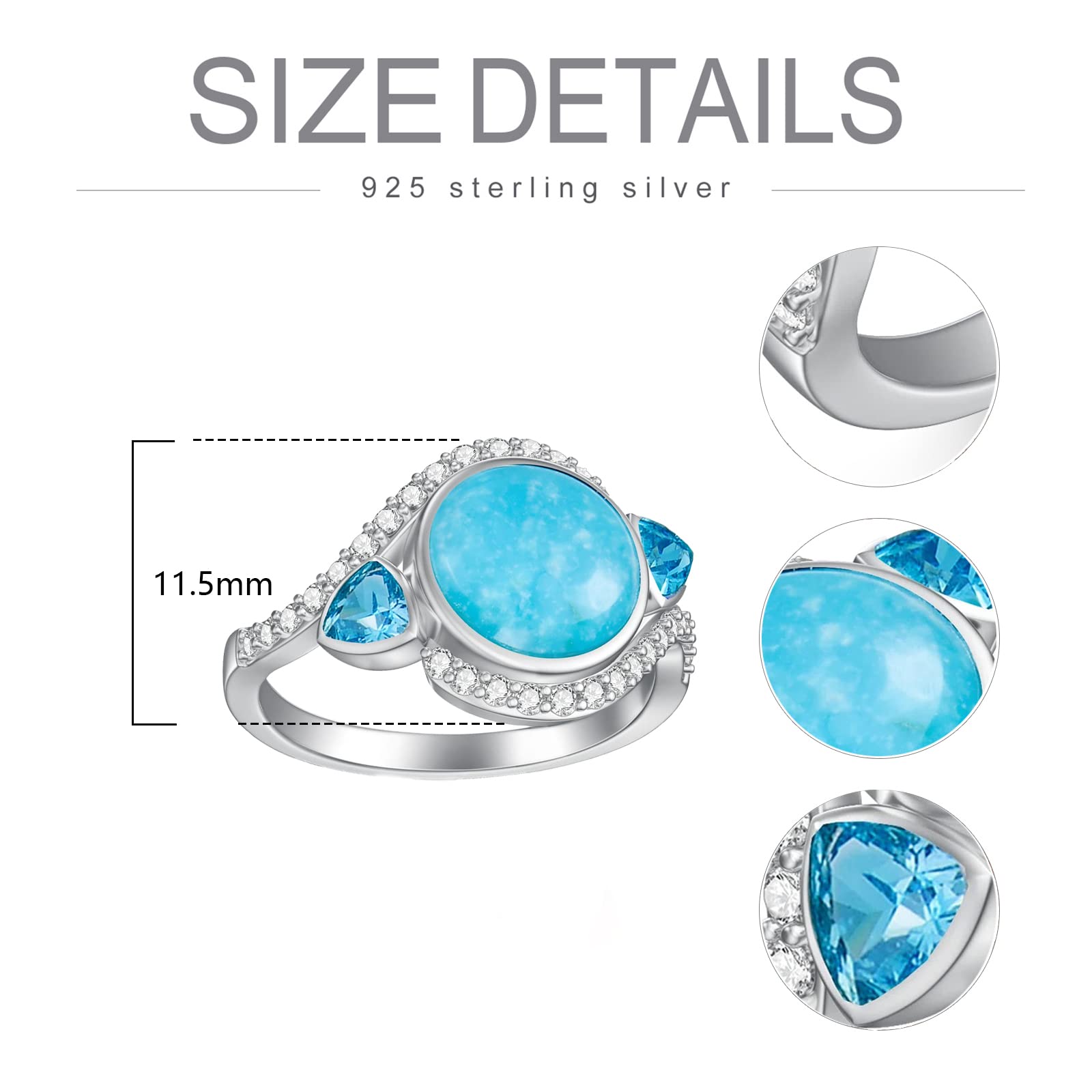 Althum Turquoise Ring 925 Sterling Silver Natural Turquoise Round Shaped Blue Ring for Women Size 8