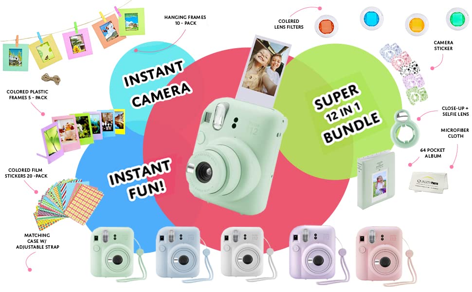 Fujifilm Instax Mini 12 Instant Camera with Case, 60 Fuji Films, Decoration Stickers, Frames, Photo Album and More Accessory kit (Mint Green)
