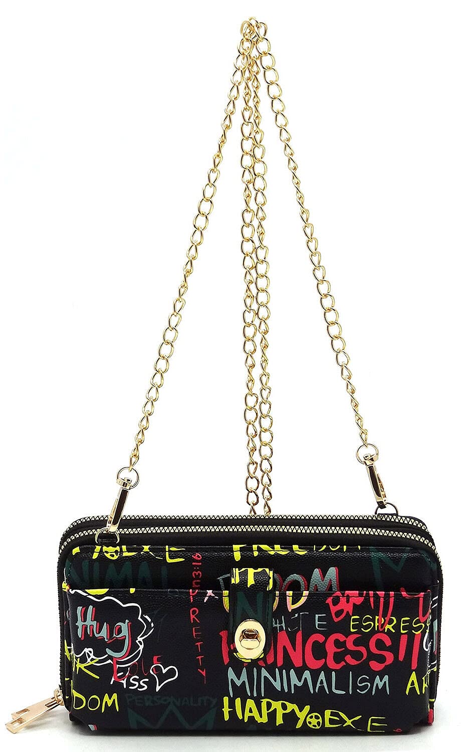 Multicolor Graffiti Printed Cell Phone Purse Wallet Smartphone Crossbody Wallet Travel Multifunction Phone Case Wristlet Clutch Wallet (#A-Black)