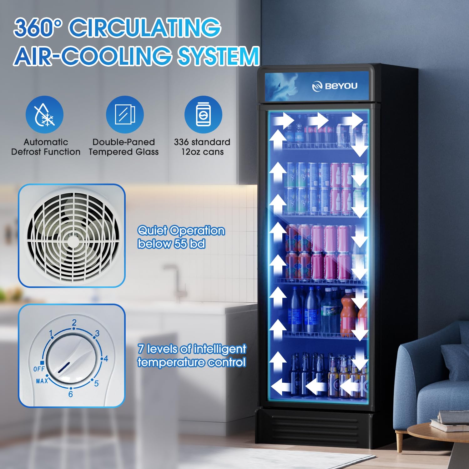 BEYOU Commercial Refrigerator, 12.2 cu. Ft Upright Beverage Display Merchandiser with single Glass Door, Drink Cooler for Living Room,Bar,Garage(Black)