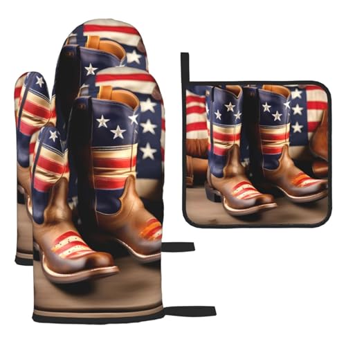 American Flag with Cowboy Boots Oven Mitts and Pot Holders Set–Ultimate Heat Resistant Set for Kitchen and Dining