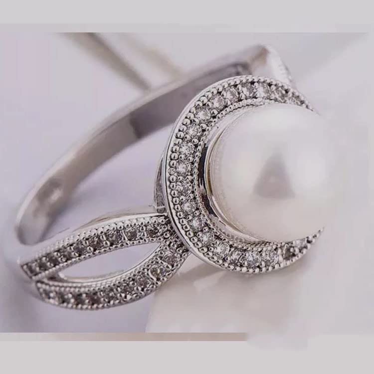 MauSong Women Pearl & White Sapphire 925 Sterling Silver Ring Wedding Party Jewelry New Size 6-10 (8)