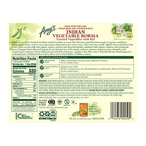 Amy's Frozen Meals, Indian Vegetable Korma, Made With Basmati Rice, Organic Vegetables, Gluten Free Microwave Meals, 9.5 Oz