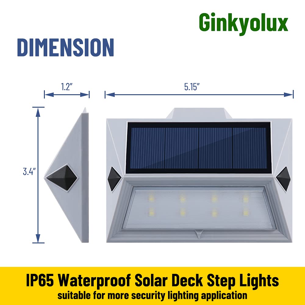 GinkyoLux Solar Deck Step Lights, 8 LEDs 3500K Warm White, Waterproof Dusk to Dawn Stair Garden Pathway Fence Railing Patio Landscape Lighting Ideal for Home Safety and Beauty, 2-Pack