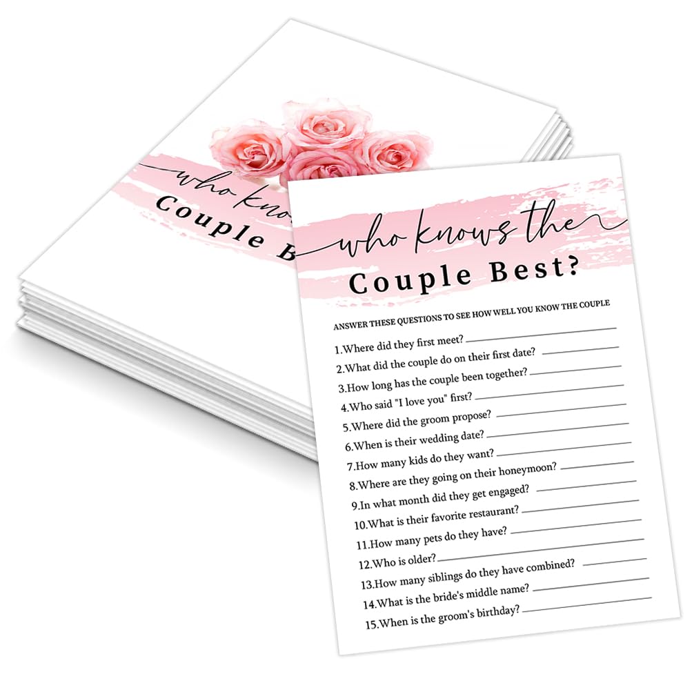 Pink Swash Who Knows The Couple Best Game for 30 Guests with Game Cards, Pink Watercolor Bridal Shower Game, Modern Bridal Shower Decorations, Wedding Shower or Bachelorette Party Supplies - 05