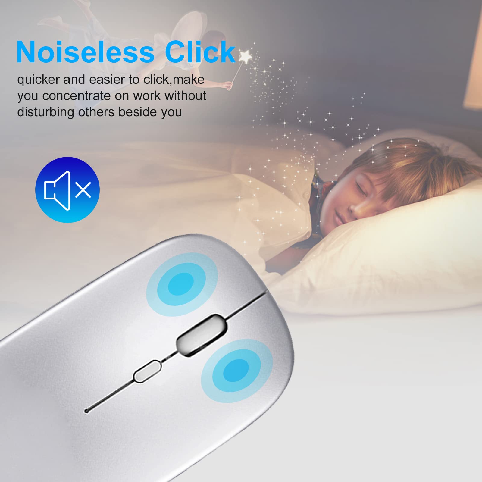 AE WISH ANEWISH Wireless Mouse Dual Mode(Bluetooth 4.0+USB) Rechargable Quiet Mice with USB Receiver Slim Bluetooth Mouse for Laptop/iPad/iPhone/Mac/Android PC,Silver