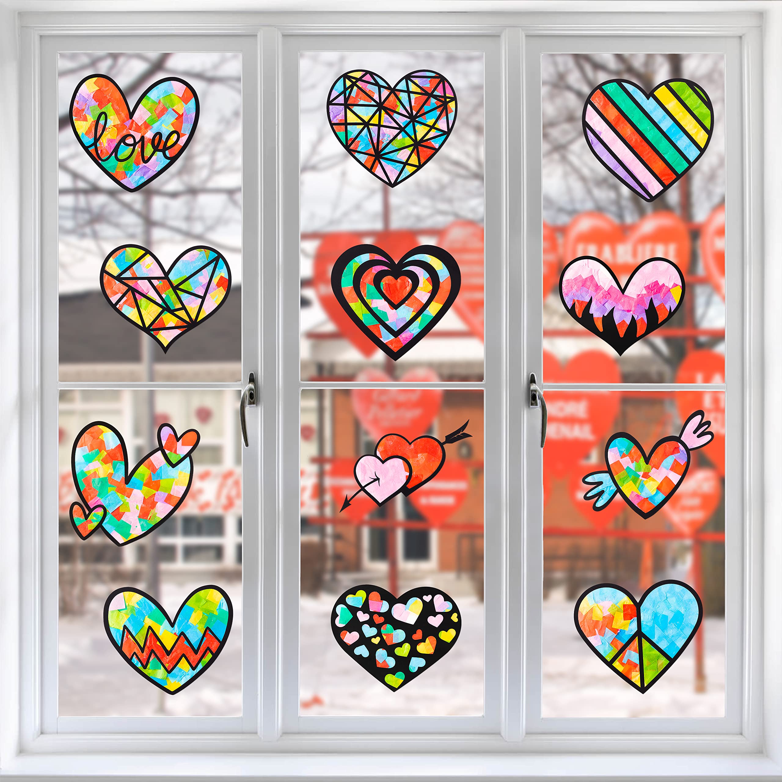 Haooryx Valentine’s Paper Craft Kits - 12-Piece Valentine’s Day Kids' Heart-Shaped Paper Suncatcher Kit DIY Craft Kids Stained Glass Effect Decorations Classroom Handcraft Art Supplies Party Favors
