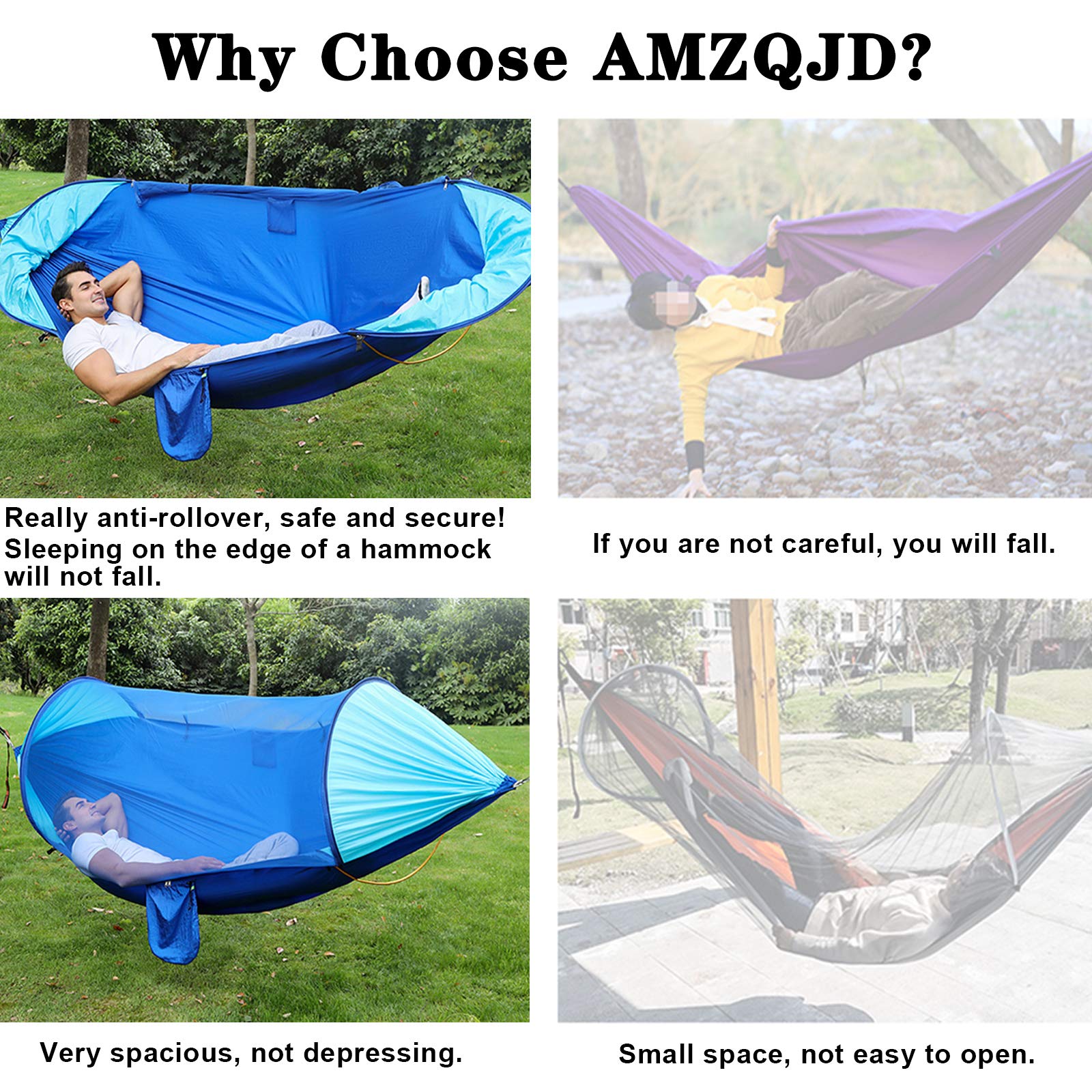 AMZQJD Anti-Rollover Camping Hammock Double & Single Portable Hammocks with Mosquito/Bug Net for Outdoor Travel (Blue)