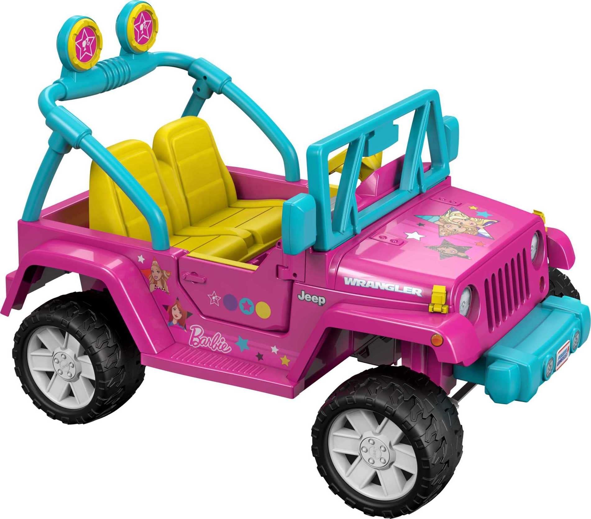Fisher-Price Power Wheels Battery Powered Barbie Jeep Wrangler Car with Steering Wheel, Music Playing Radio, Roll Bar, and Power Lock Brakes