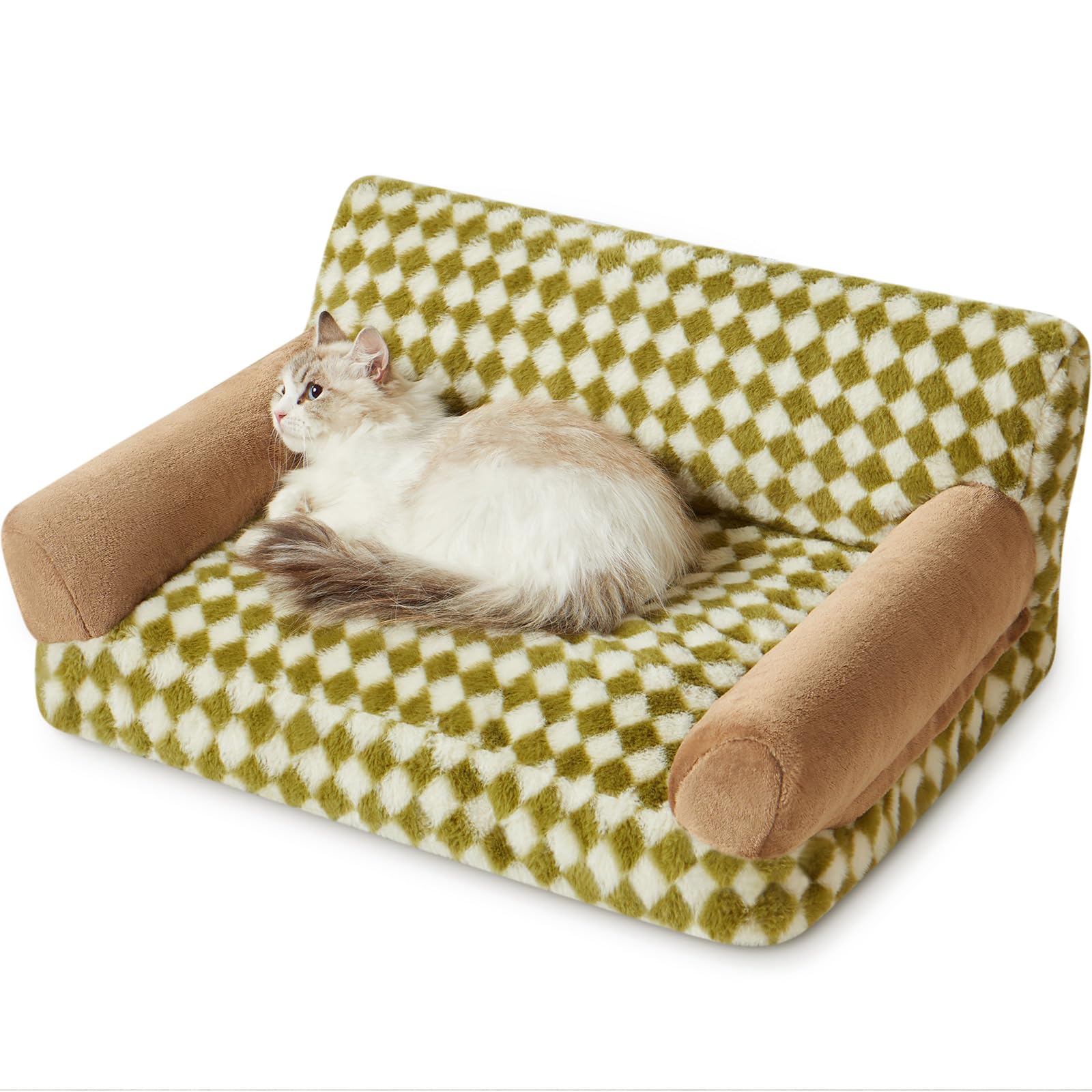 BFPETHOME Cat Couch Bed & Dog Couch Bed, Pet Couch Bed for Small Pet, Cute Dog Sofa Bed, Cat Sofa & Pet Sofa with Non-Slip Bottom, Checkered Dog Bed with Washable Cover (Green&White)