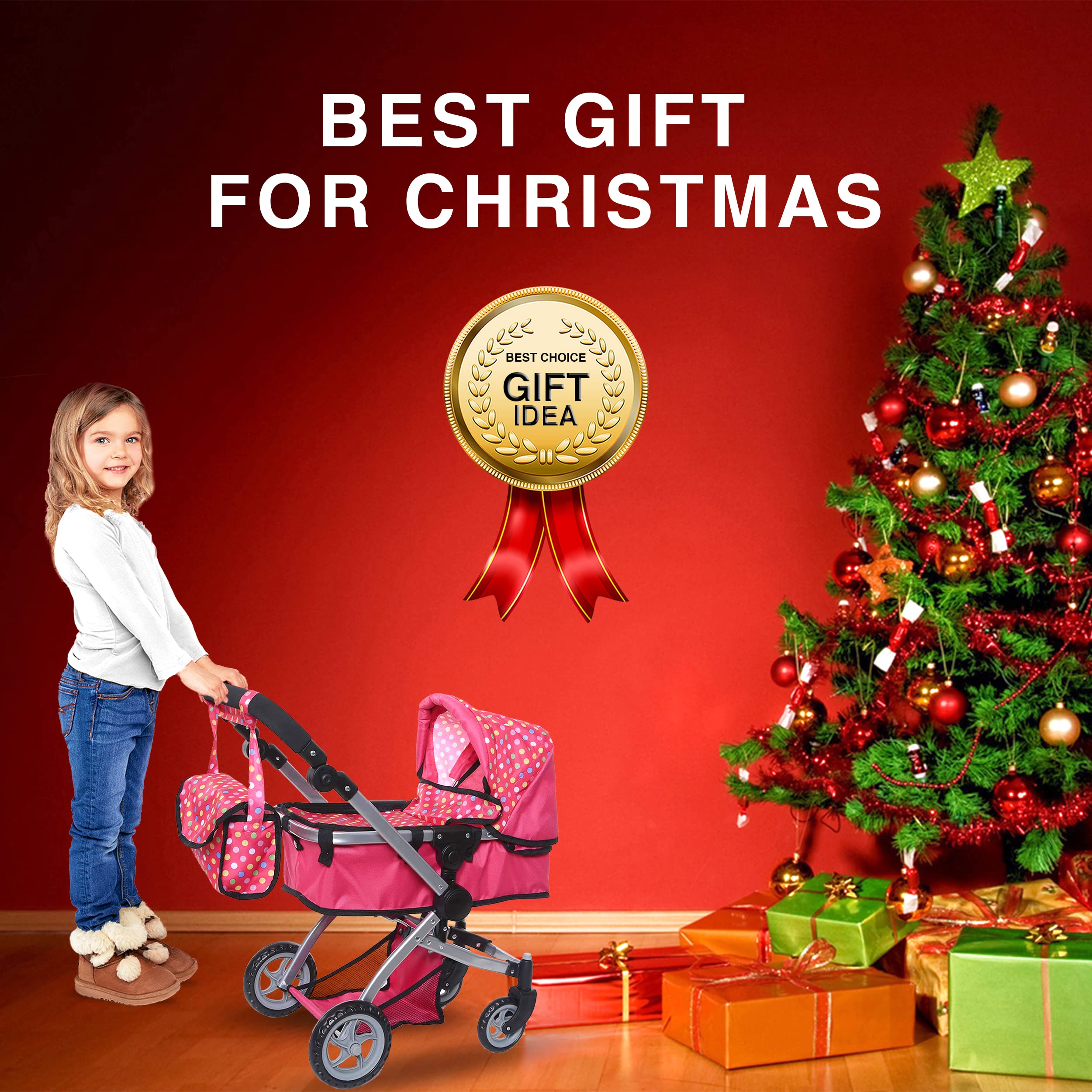 Fash N Kolor | Foldable Pram for Baby Doll with Flower Design with Swiveling Wheel Adjustable Handle Bassinet Stroller with Baby Doll, Convertible Seat, and Basket, and Free Carriage Bag