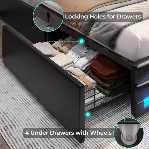 ADORNEVE Queen Bed Frame with LED Lights Leather Platform Bed with Storage Drawers and Charging Station, LED Bed Frame Queen Size with Adjustable Headboard, No Box Spring Needed, Black