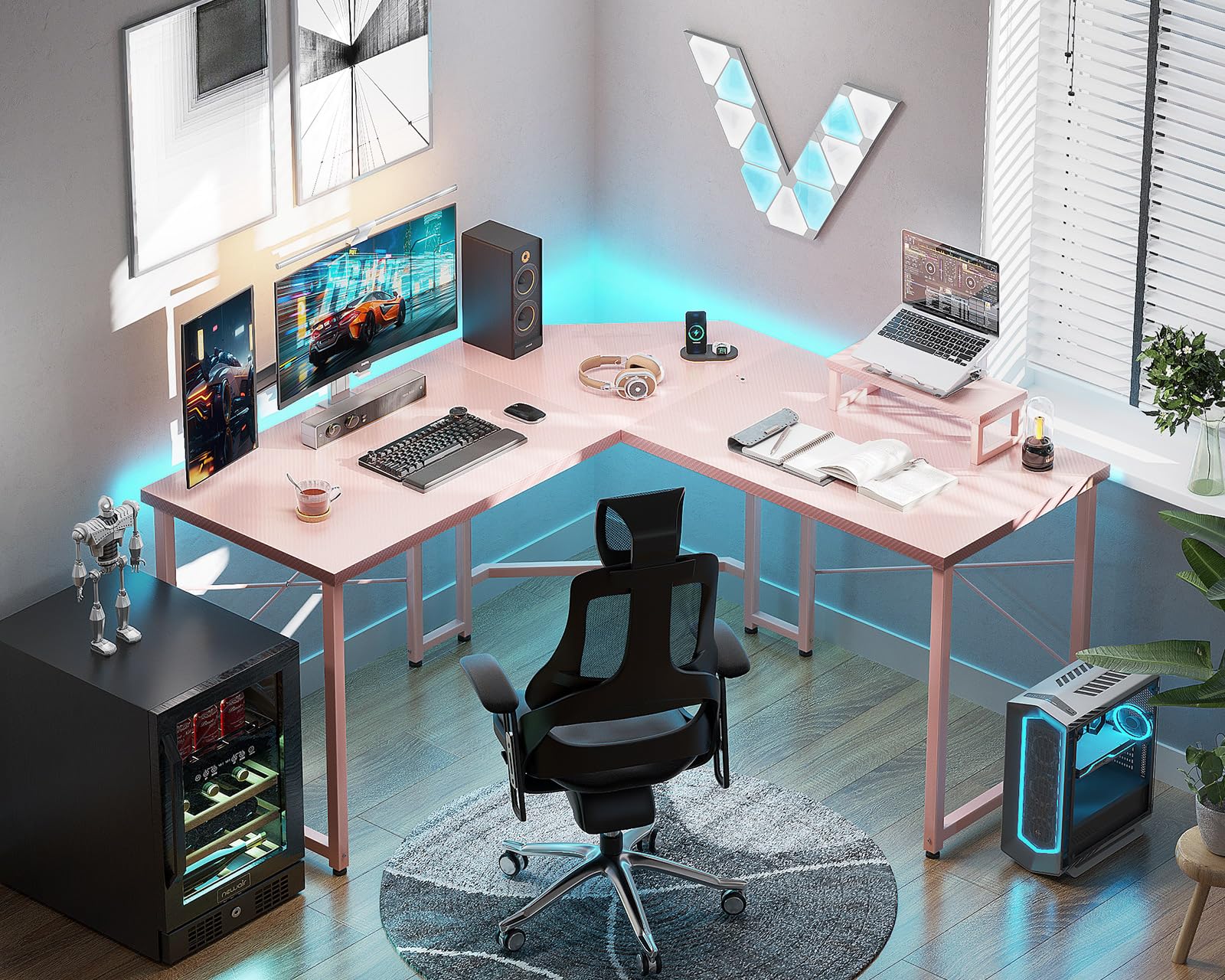 AODK L Shaped Gaming Desk, Computer Corner Desk, PC Gaming Desk Table with Large Monitor Riser Stand for Home Office Sturdy Writing Workstation,51 * 19 inch,Pink