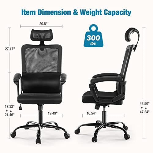 Ergonomic High Back Office Chair β Breathable Mesh Office Chair with Adjustable Headrest and Lumbar Support, Executive Chair with Padded Armrest, Height Adjustable Computer Task Chair Swivel Rolling
