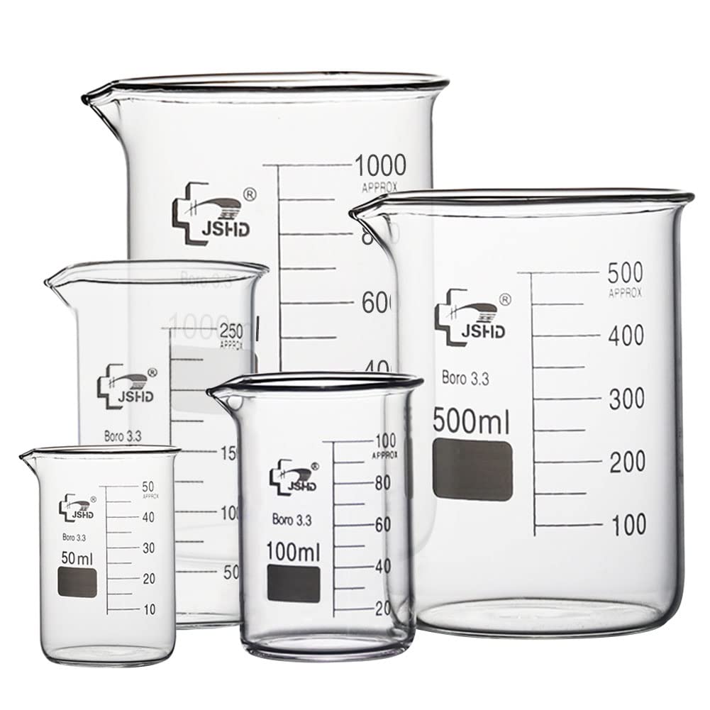 ADAMAS-BETA 5PCS Glass Measuring Beaker Set, Low Form, 50ml 100ml 250ml 500ml 1000ml Graduated Beakers, 3.3 Borosilicate Glass