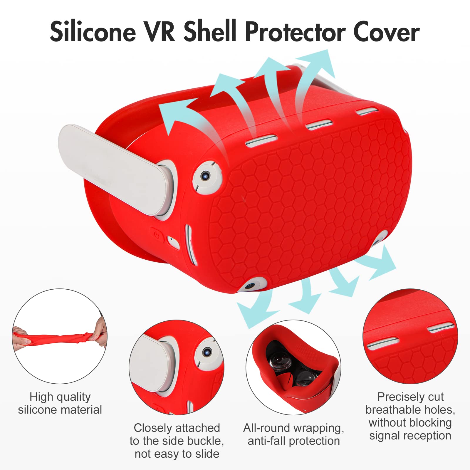 AMLINK VR Silicone Cover Accessories for Oculus Quest 2, VR Shell Cover Protective, Silicone Face Cover, Adjustable Strap Controller Grip Cover and Remote Sensing Rod Cap(Red)