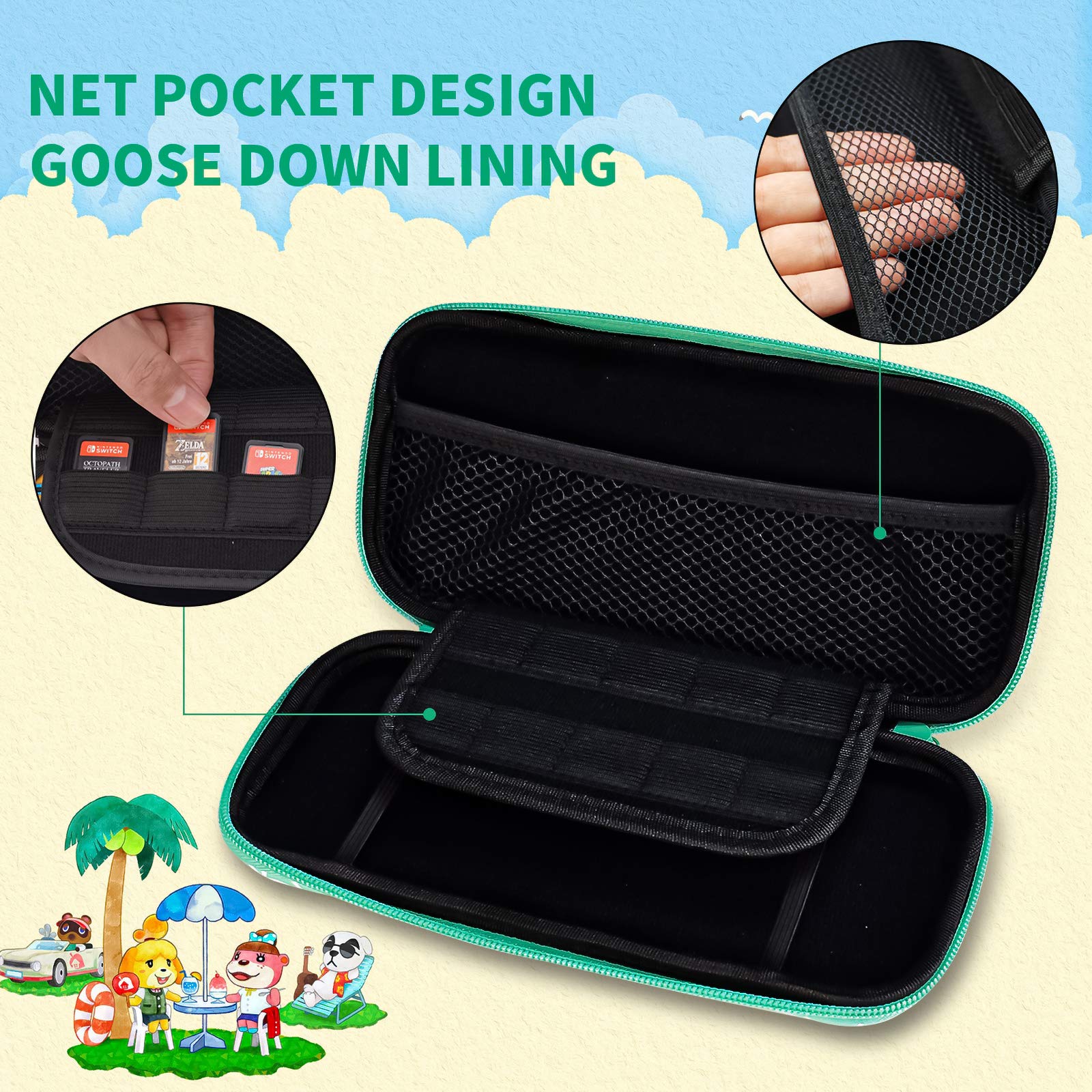 DLseego Carrying Case for Switch lite,New Leaf Crossing Design Portable Travel Carrying Case 3 in 1 Accessories Kit with 2 Pcs Screen Protectors and 2 PcsThumb Grips Caps