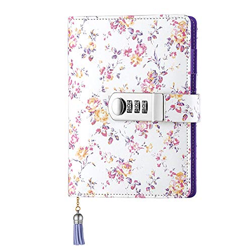 JunShop Floral Password Diary with Lock A6 Refillable Locking Journal PU Leather Combination Locked Diary Journal (Purple)
