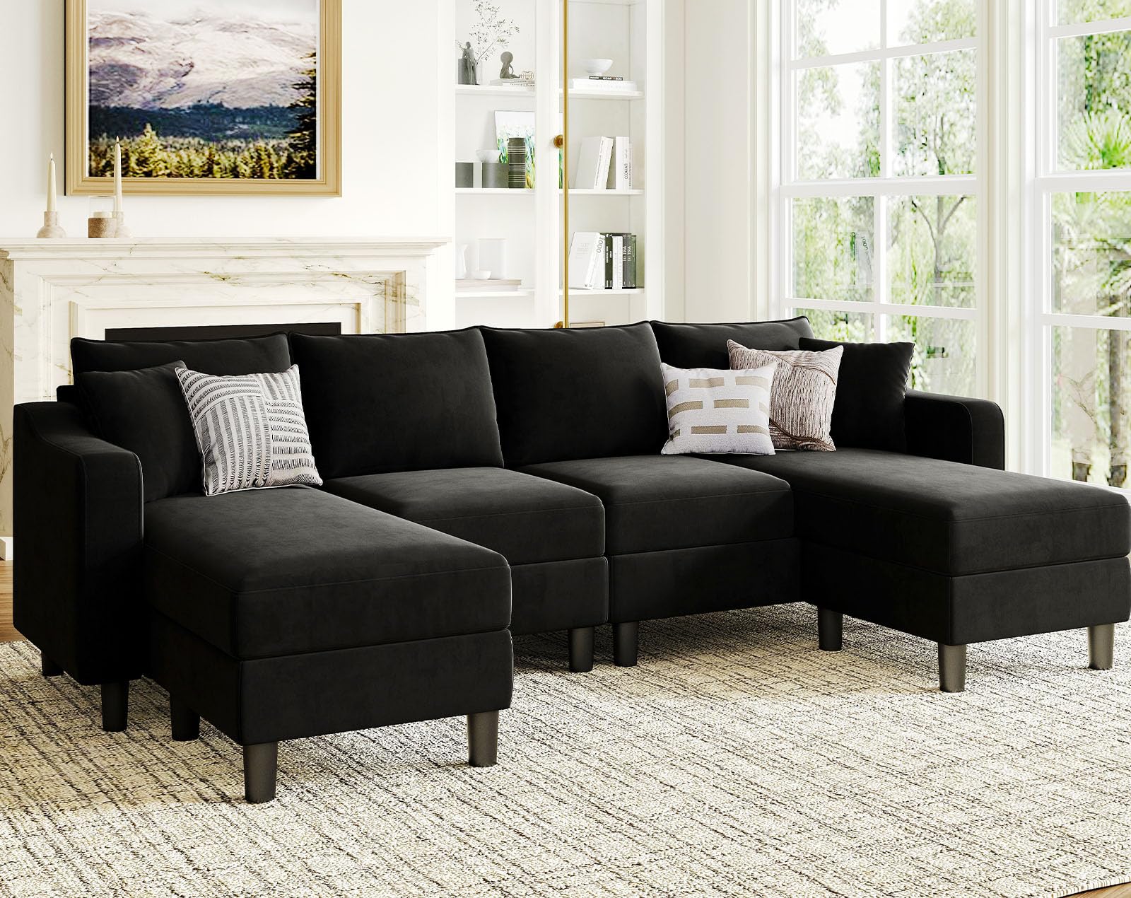 Belffin U Shaped Sectional Sofa Velvet Convertible Sofa with Reversible Chaises Sectional Couches with Ottomans for Living Room (Black)…