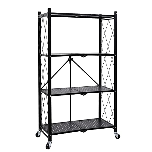 Simple Deluxe 4-Tier Heavy Duty Foldable Metal Rack Storage Shelving Unit with Wheels Moving Easily Organizer Shelves Great for Garage Kitchen Holds up to 1000 lbs Capacity, Black, 1-Pack
