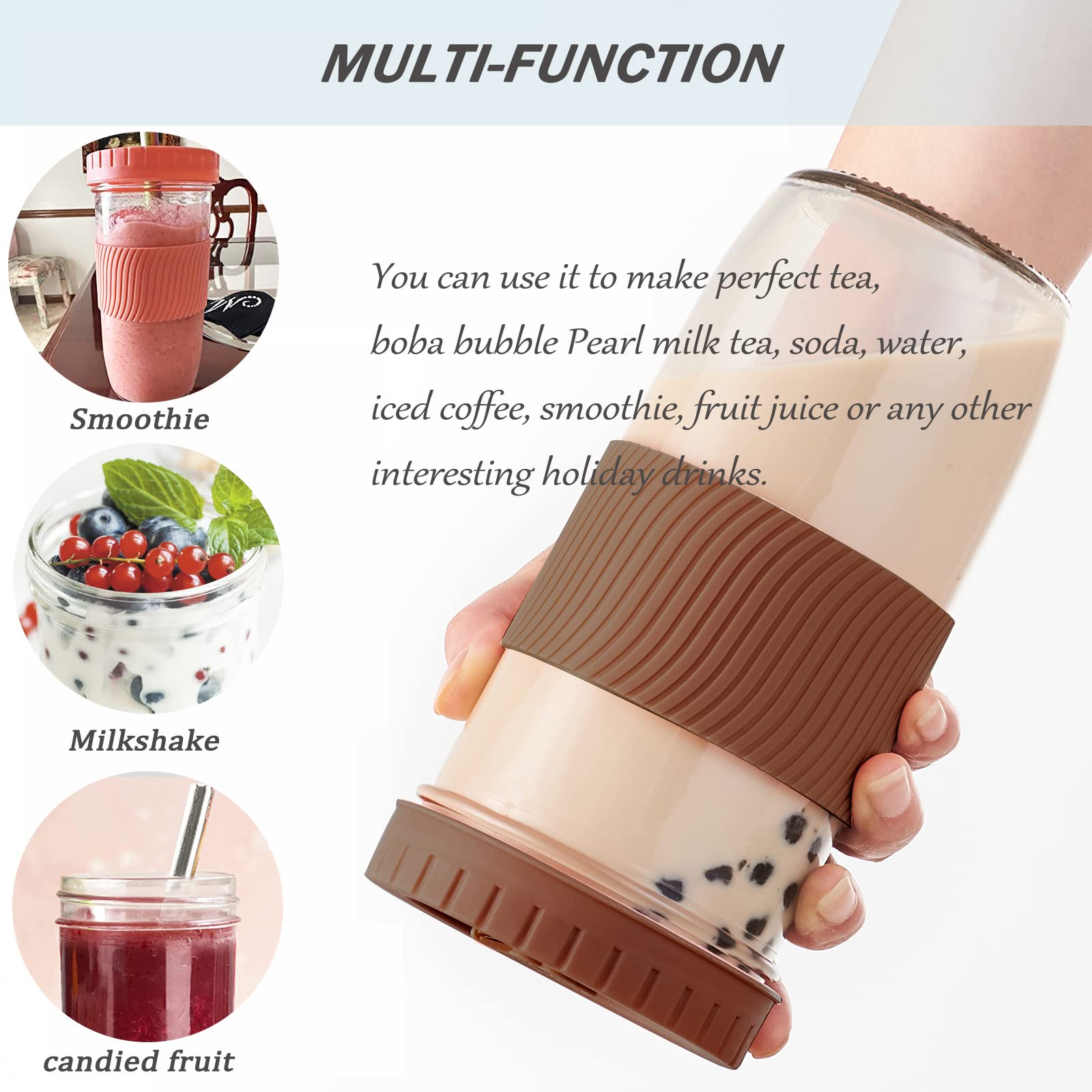 Amyoole 2 Pack Reusable Boba Cup,24Oz Wide Mouth Smoothie Cup,mason Jar Glass Cups with Lids and Straws,Bubble/Boba Tea Cups,Ice Coffee Tumbler 2 colored straws 1 sponge brush(Brown)