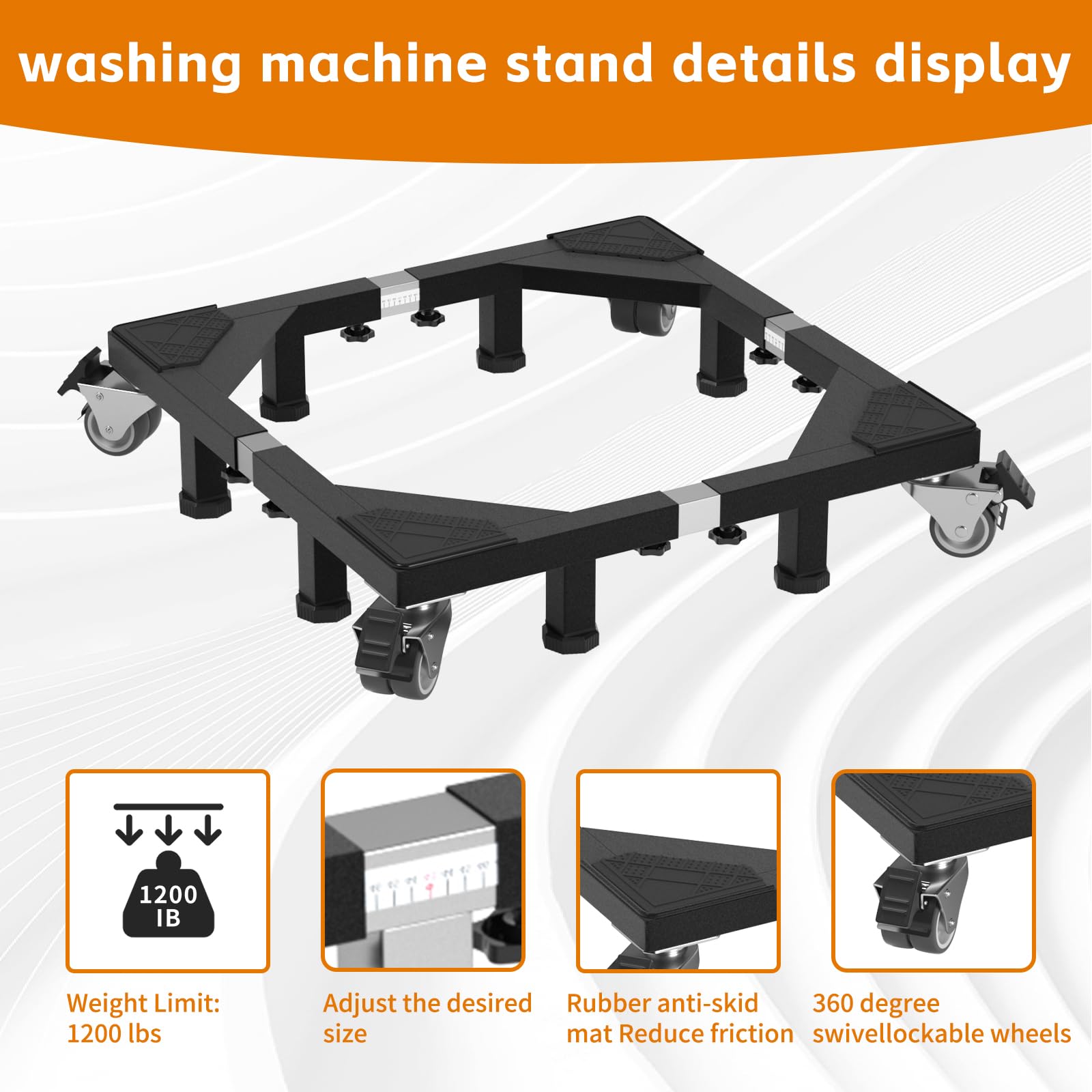 ANBase Heavy Duty All Steel Fridge Stand Mobile Base with 4 Locking Wheels and 8 Sturdy Feet 16.9"-26" Adjustable Furniture Dolly for Washer, Refrigerator and Dryer(Black)